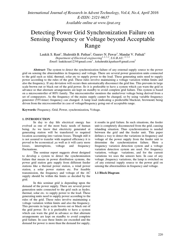 Detecting Power Grid Synchronization Failure On Sensing Frequency or Voltage Beyond Acceptable ...