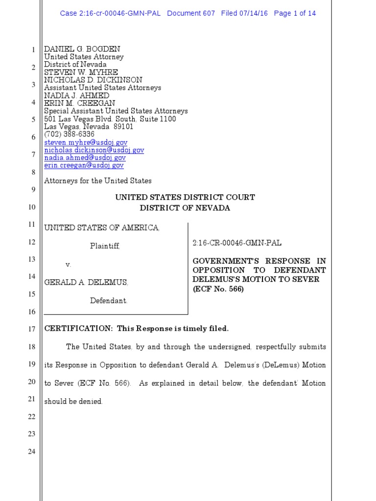 07-14-2016 ECF 607 USA V GERALD DELEMUS - USA Opposition To Delemus ...