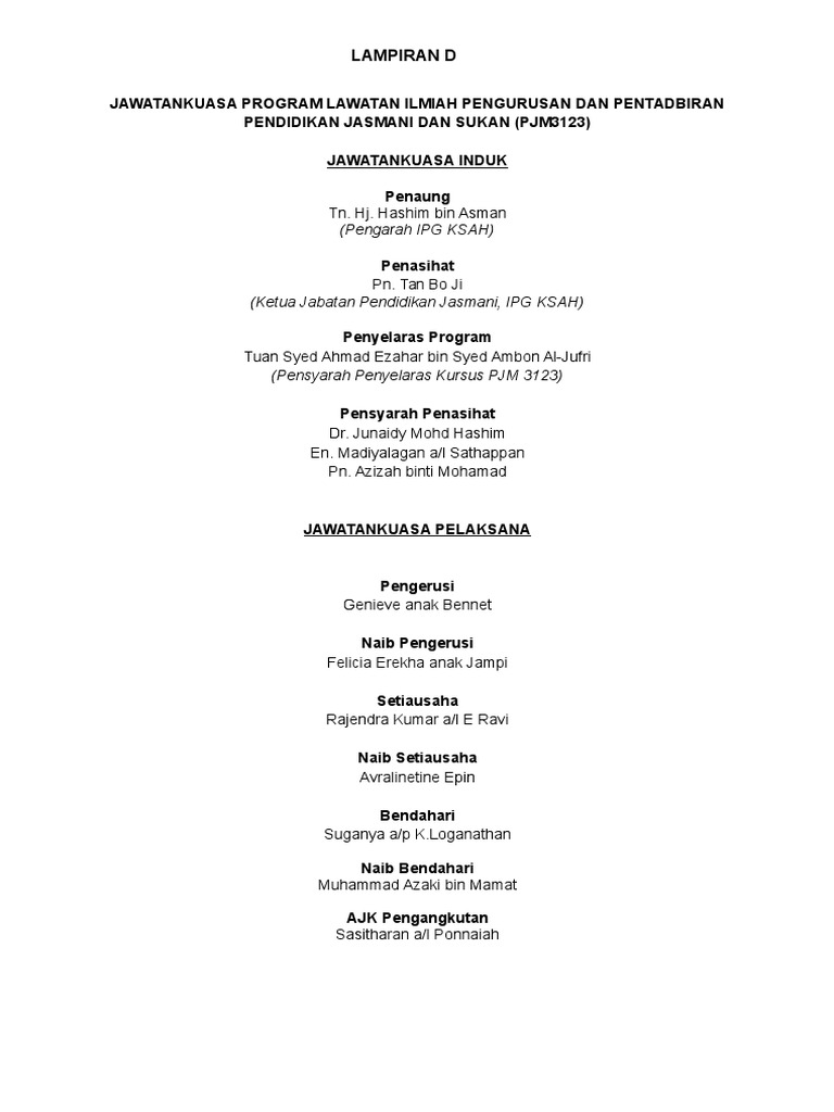 Lampiran D: (Pengarah IPG KSAH) | PDF | Wellness