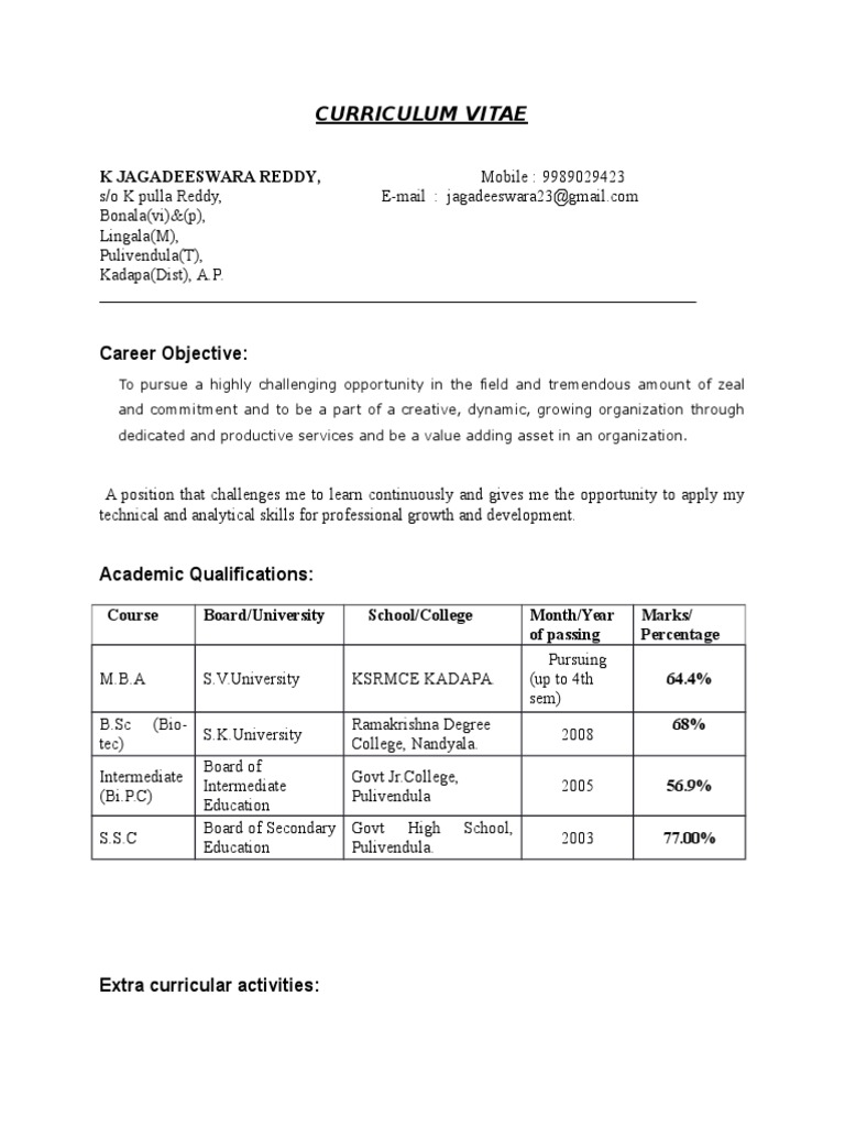 Curriculum Vitae: K Jagadeeswara Reddy, Mobile | PDF