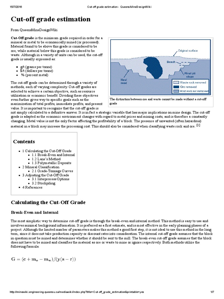Cut-Off Grade Estimation - QueensMineDesignWiki | PDF | Ore | Mining
