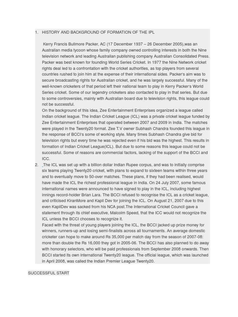 History and Background of Formation of The Ipl | PDF | Cricket | Ball ...