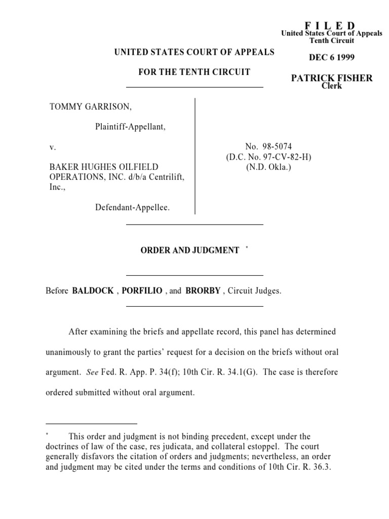 Garrison v. Baker Huges Oilfield, 10th Cir. (1999) | PDF | Americans ...