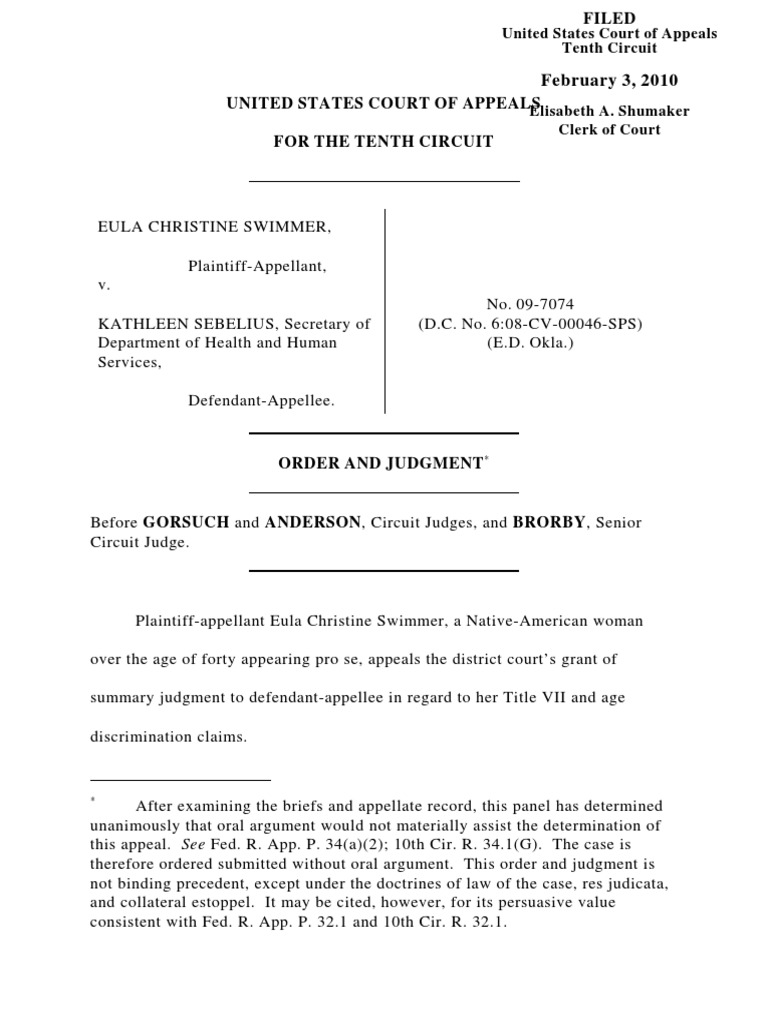 Swimmer v. Sebelius, 10th Cir. (2010) | PDF | Summary Judgment ...