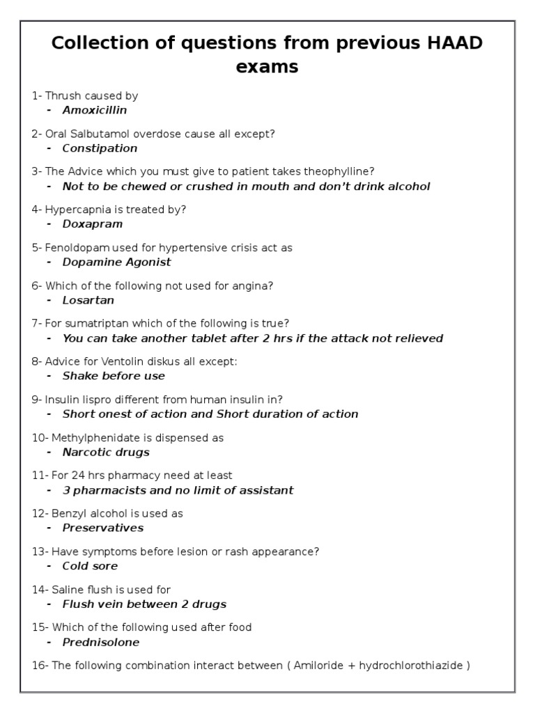 Collection of Questions From Previous HAAD Exams | PDF | Pharmaceutical ...