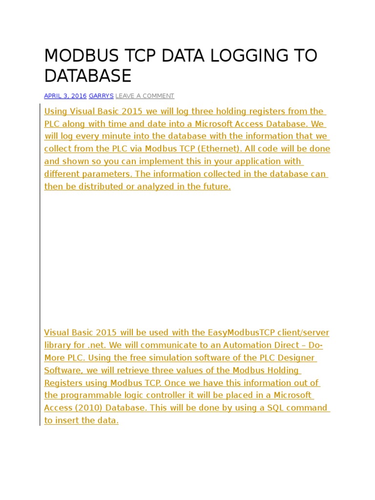 Modbus Tcp Data Logging To Database Pdf Programmable Logic 3105