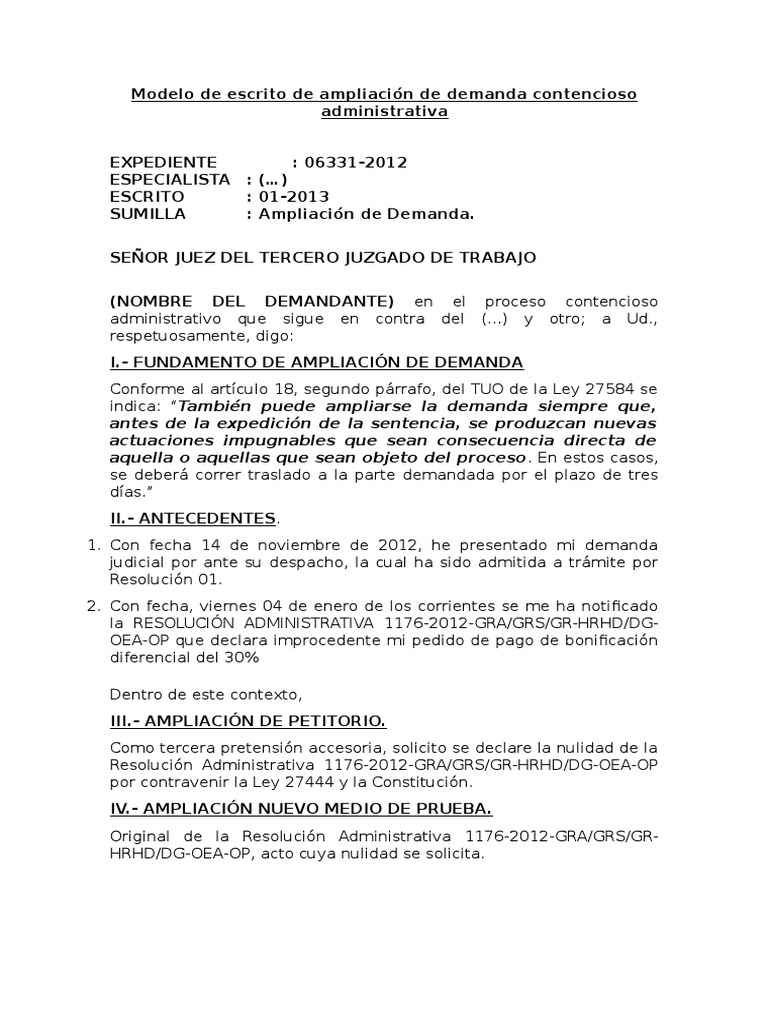 Modelo de Escrito de Ampliación de Demanda Contencioso Administrativa ...