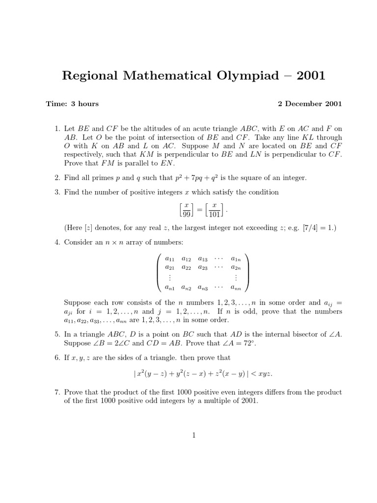 Regional Mathematical Olympiad 2001 Pdf