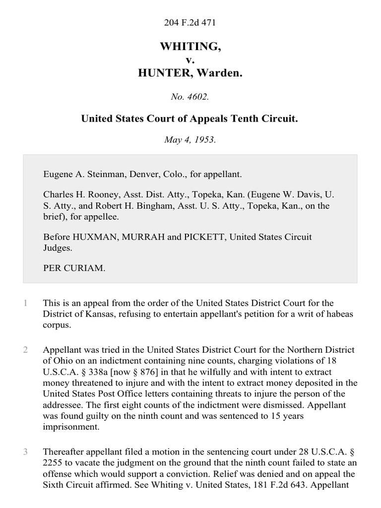 Whiting v. Hunter, Warden, 204 F.2d 471, 10th Cir. (1953) | PDF