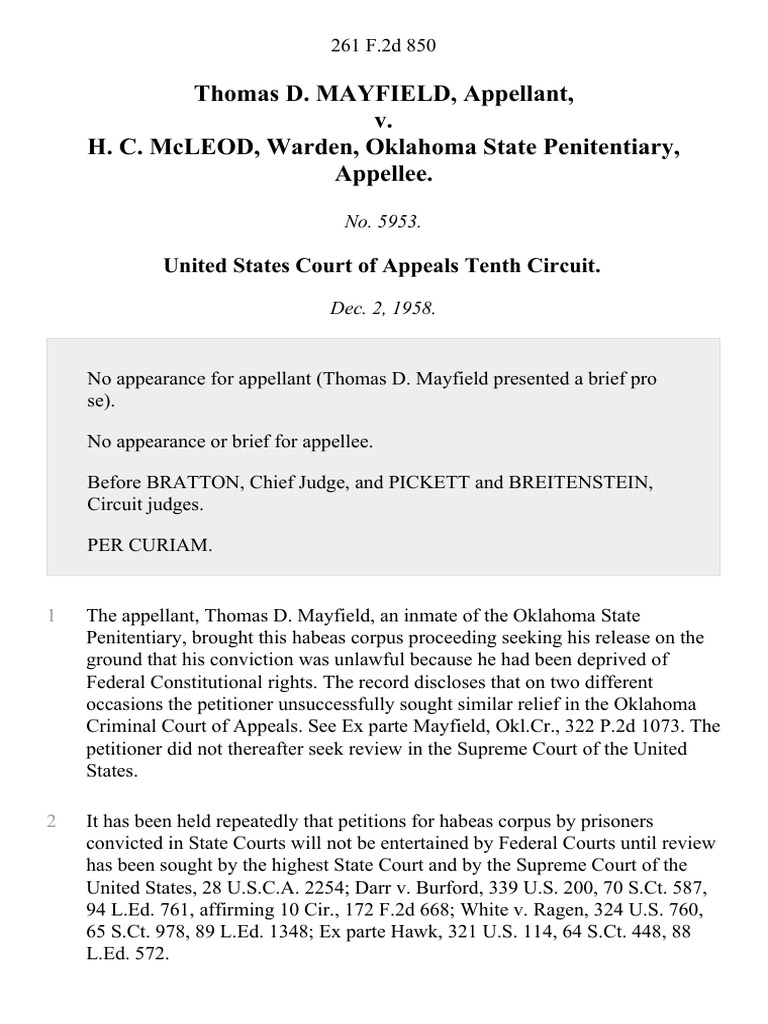 Thomas D. Mayfield v. H. C. McLeod Warden, Oklahoma State Penitentiary ...