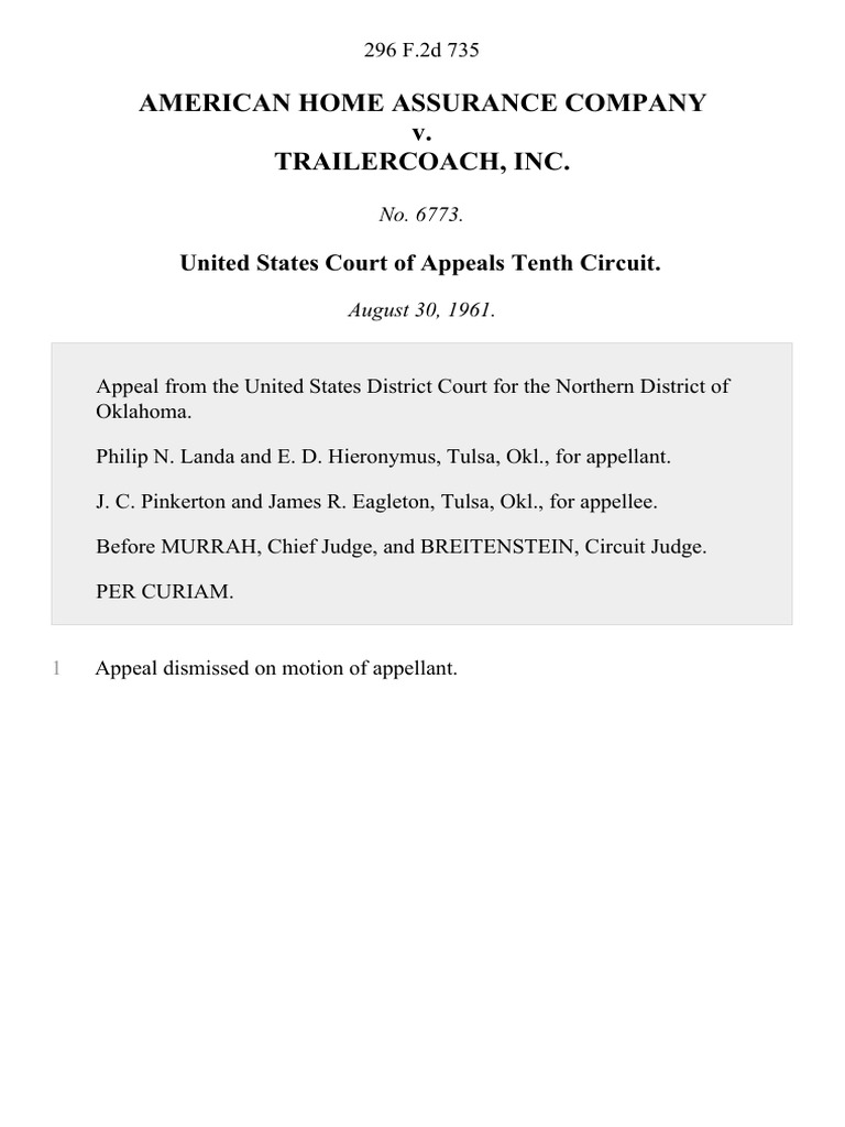 American Home Assurance Company v. Trailercoach, Inc, 296 F.2d 735 ...
