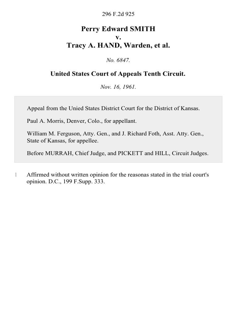 Perry Edward Smith v. Tracy A. Hand, Warden, 296 F.2d 925, 10th Cir ...