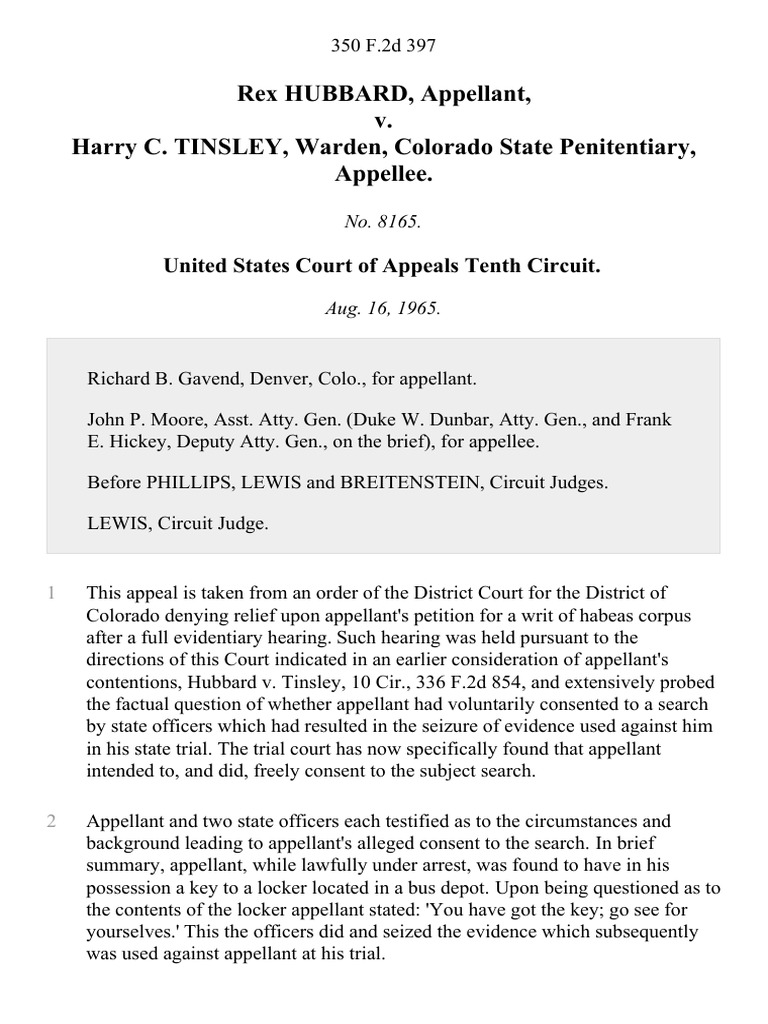 Rex Hubbard v. Harry C. Tinsley, Warden, Colorado State Penitentiary ...