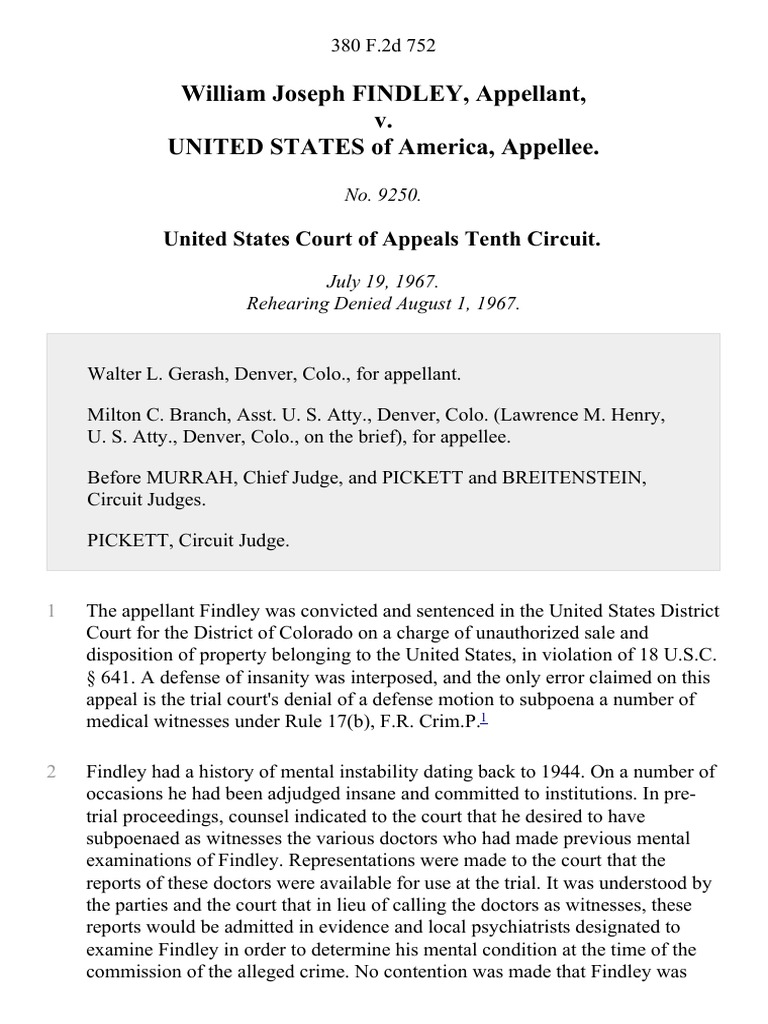 William Joseph Findley v. United States, 380 F.2d 752, 10th Cir. (1967 ...