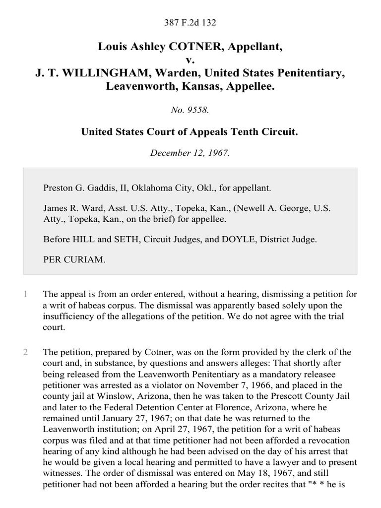 Louis Ashley Cotner v. J. T. Willingham, Warden, United States ...