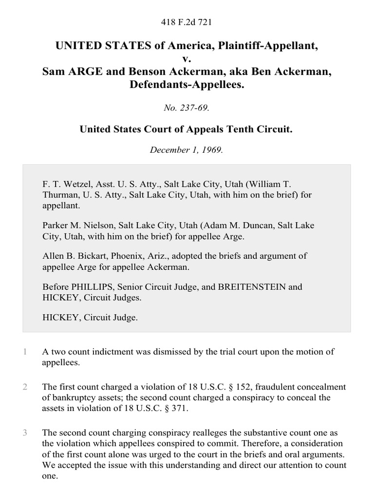 United States v. Sam Arge and Benson Ackerman, AKA Ben Ackerman, 418 F ...