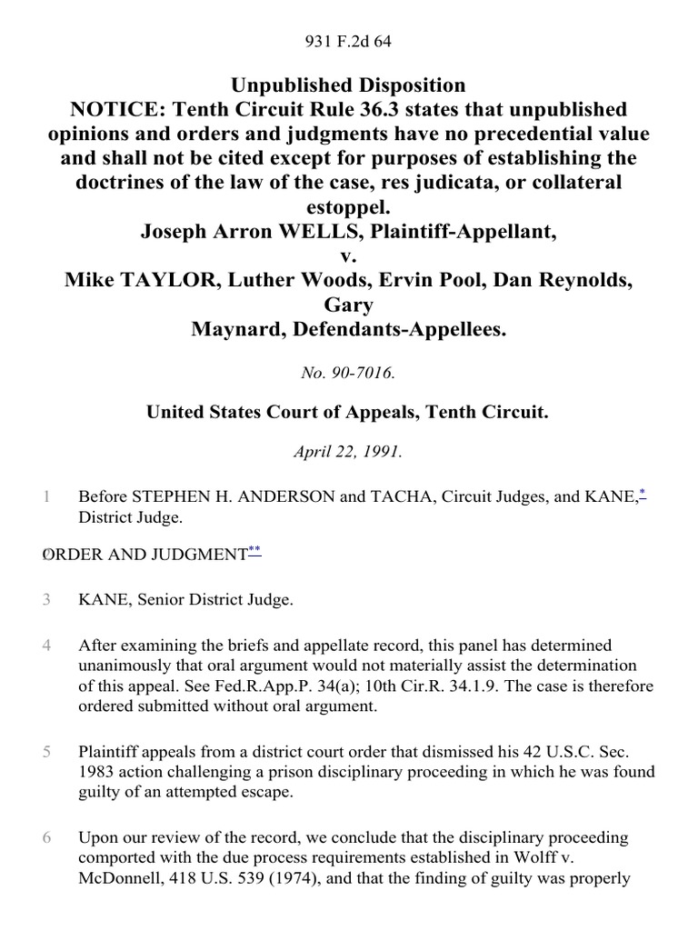 Joseph Arron Wells v. Mike Taylor, Luther Woods, Ervin Pool, Dan ...