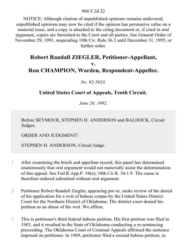 Robert Randall Ziegler v. Ron Champion, Warden, 968 F.2d 22, 10th Cir ...