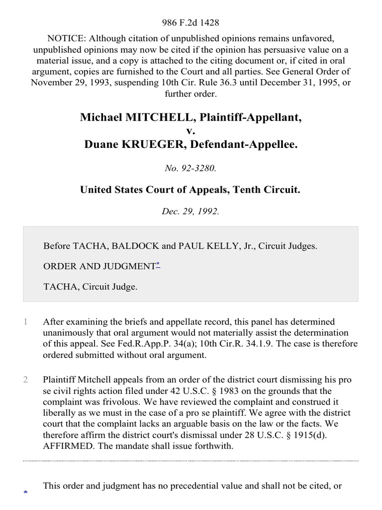 Michael Mitchell v. Duane Krueger, 986 F.2d 1428, 10th Cir. (1992) | PDF Michael Mitchell v. Duane Krueger, 986 F.2d 1428, 10th Cir. (1992) | PDF