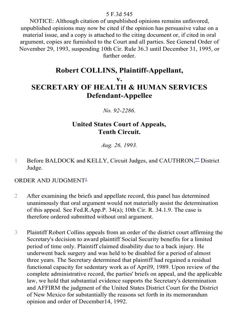 Robert Collins v. Secretary of Health & Human Services, 5 F.3d 545, 10th Cir. (1993) | PDF