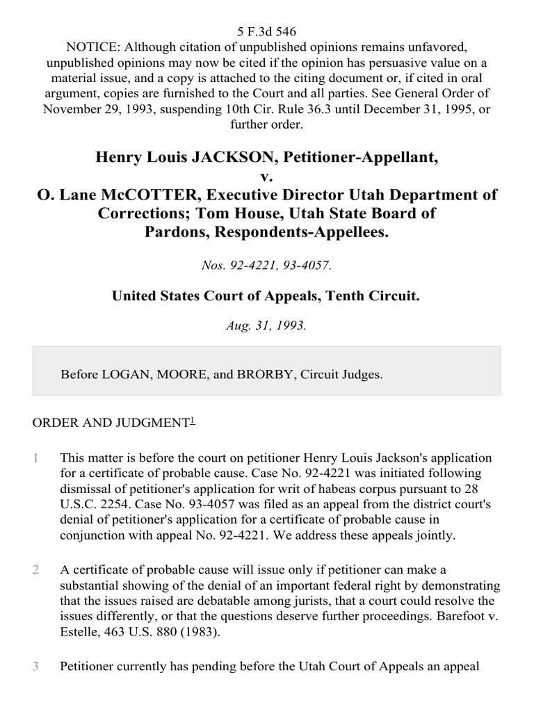 Henry Louis Jackson v. O. Lane McCotter Executive Director Utah ...
