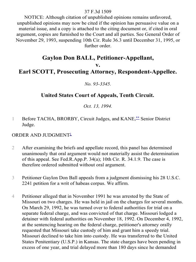 Gaylon Don Ball v. Earl Scott, Prosecuting Attorney, 37 F.3d 1509, 10th ...