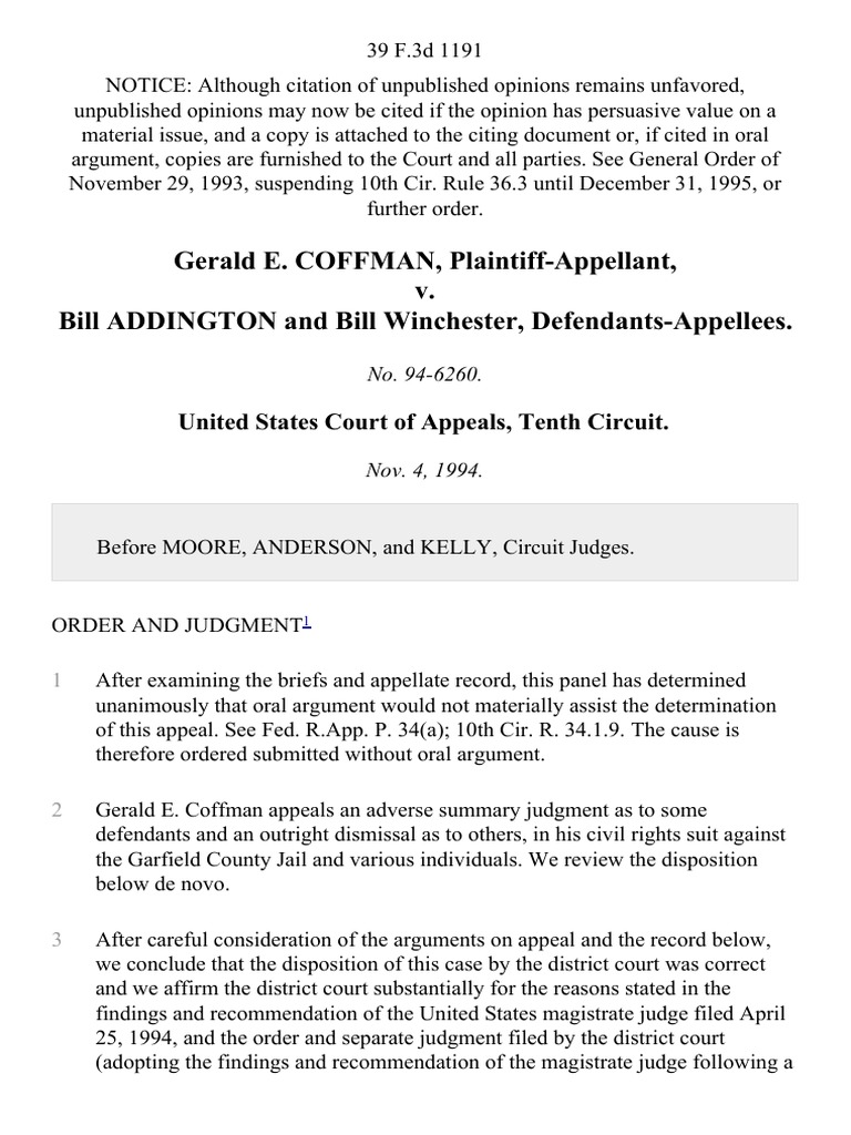 Gerald E. Coffman v. Bill Addington and Bill Winchester, 39 F.3d 1191 ...