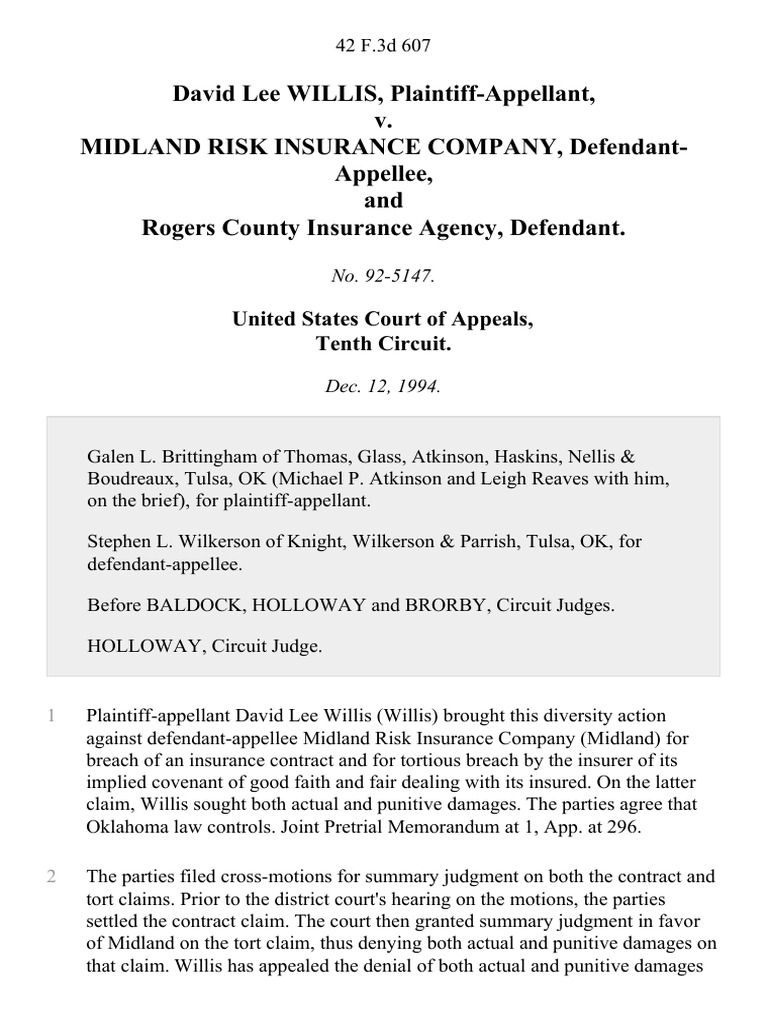 David Lee Willis v. Midland Risk Insurance Company, and Rogers County ...