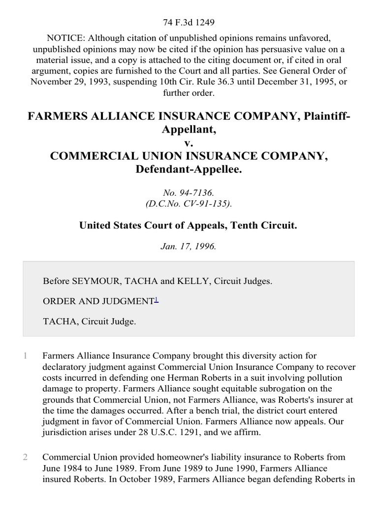 Farmers Alliance Insurance Company v. Commercial Union Insurance ...