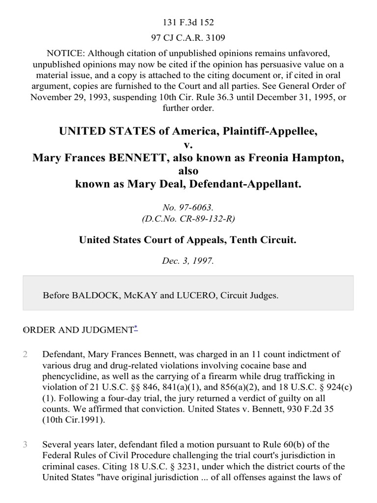 United States v. Mary Frances Bennett, Also Known As Freonia Hampton ...