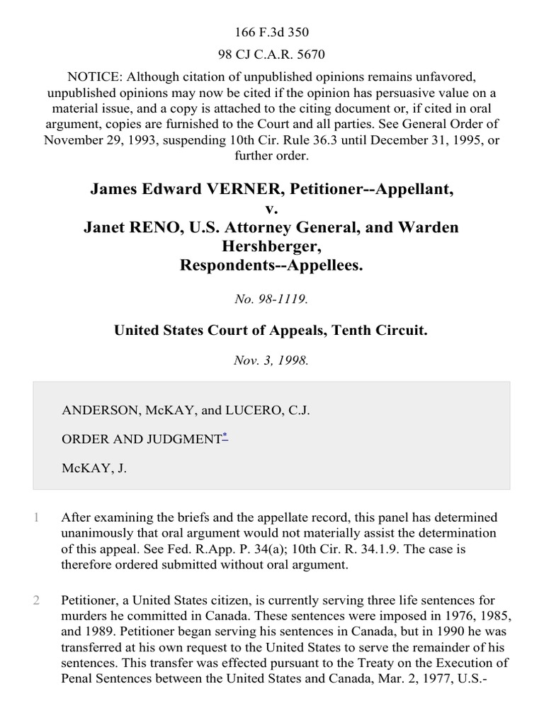 James Edward Verner v. Janet Reno, U.S. Attorney General, and Warden ...