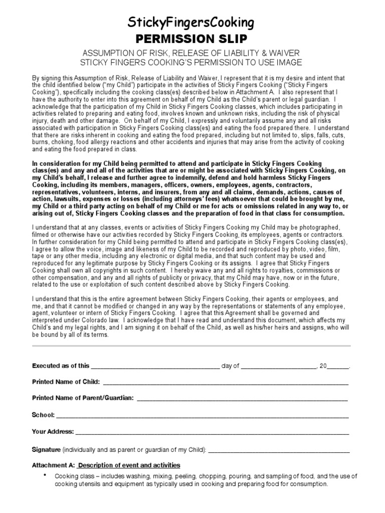 Sticky Fingers Cooking Liability Waiver | PDF | Indemnity | Private Law