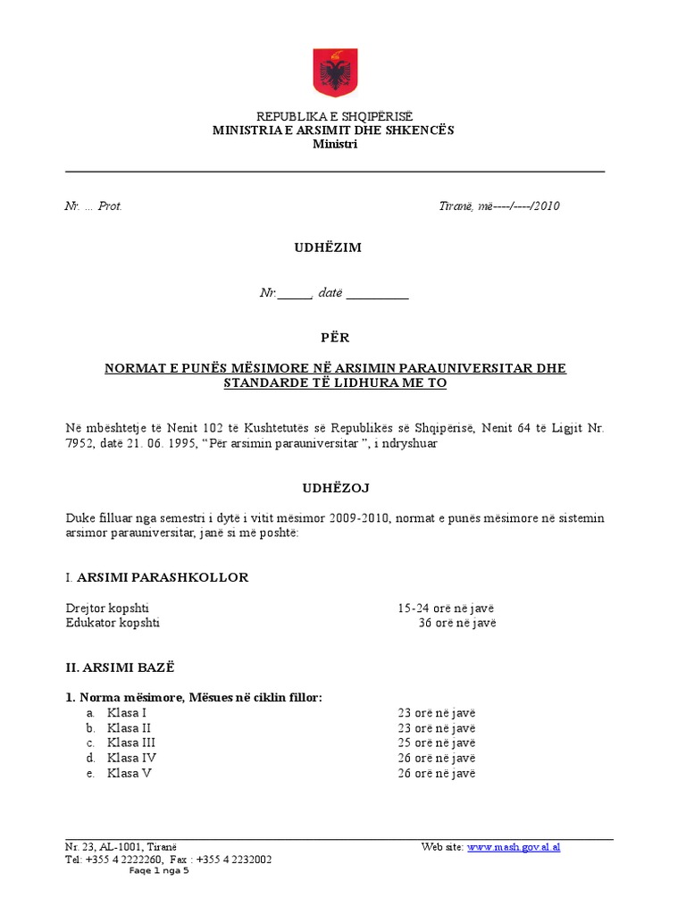 Normat e Punes Mesimore Ne Arsimin Parauniversitar Dhe Standarde Te ...