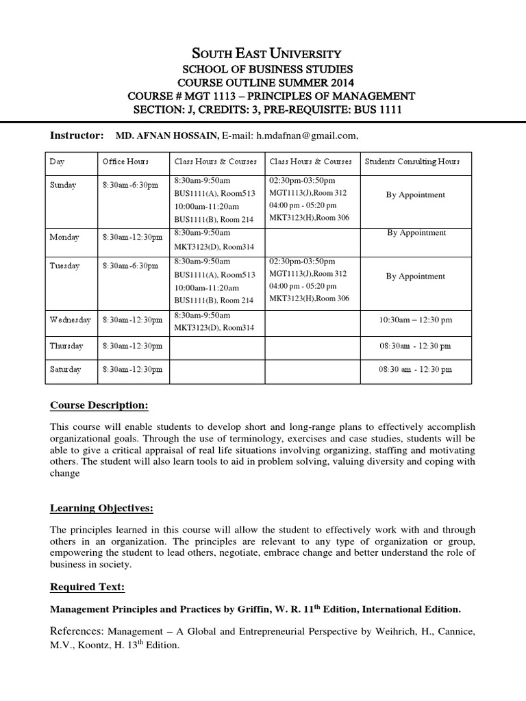 Principles of Management - Course Outline | PDF | Strategic Management ...