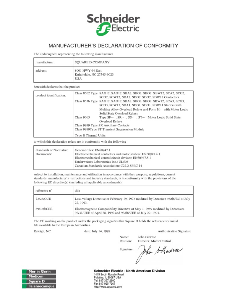 Manufacturer'S Declaration of Conformity: Schneider Electric - North ...