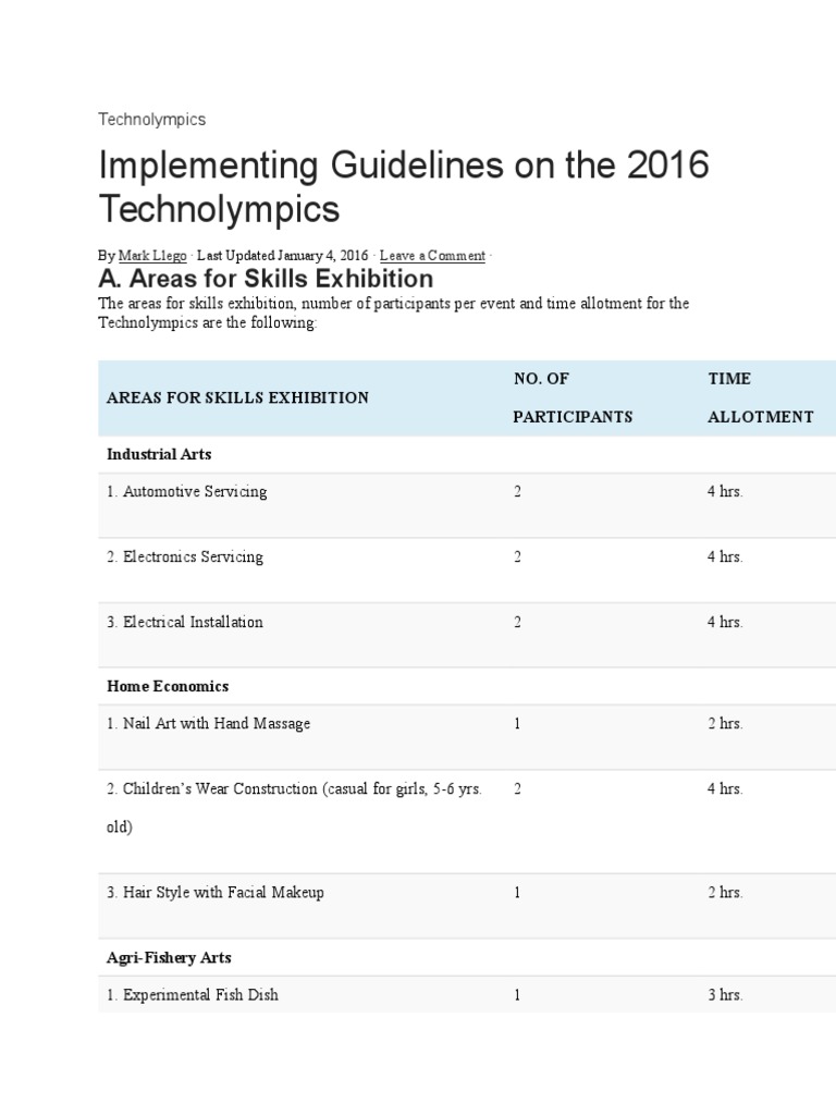Implementing Guidelines On The 2016 Technolympics: A. Areas For Skills ...