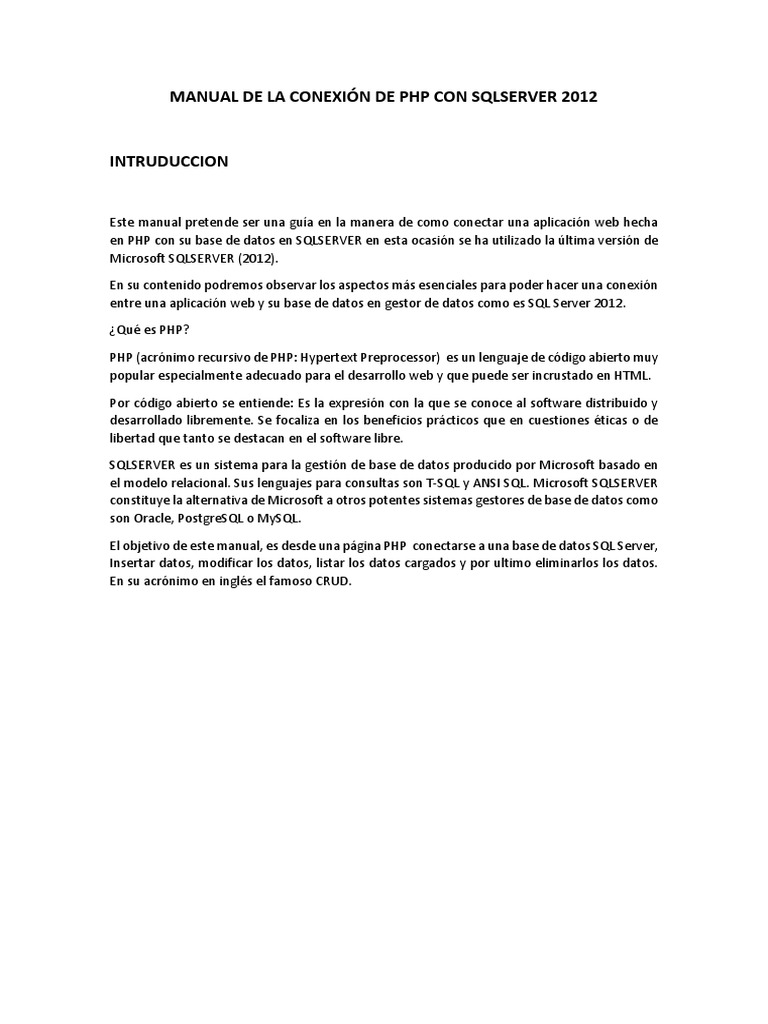 Manual De La Conexión De Php Con Sqlserver 2012 Pdf Servidor Sql De Microsoft Php