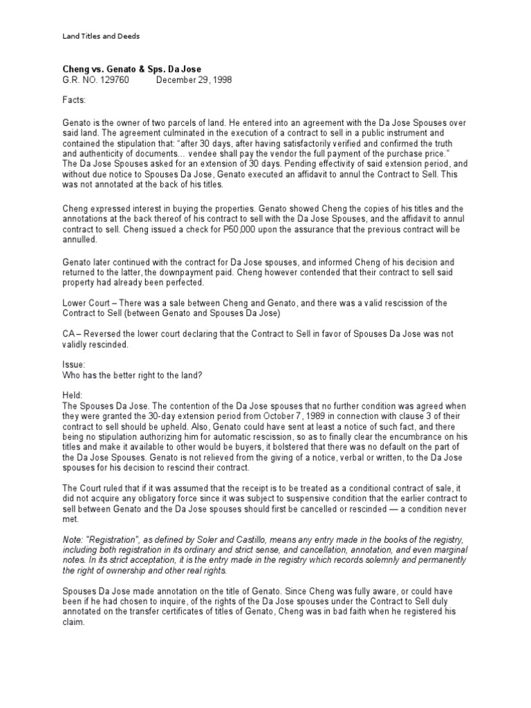 Cheng vs. Genato Case Digest | PDF | Rescission | Social Institutions
