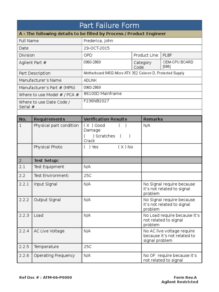 Part Failure Form | PDF | Signal (Electrical Engineering) | Engineering