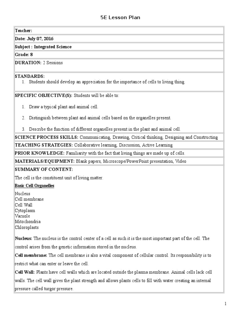 Lesson Plan 5e | PDF | Vacuole | Cell (Biology)