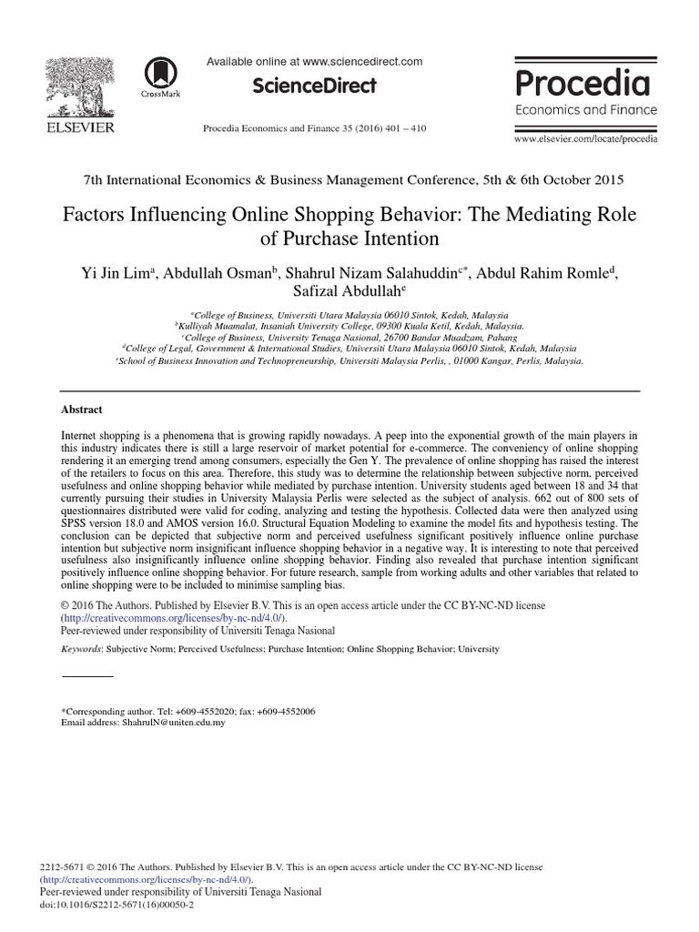 Factors Influencing Online Shopping Behavior: The Mediating Role of Purchase Intention | PDF ...