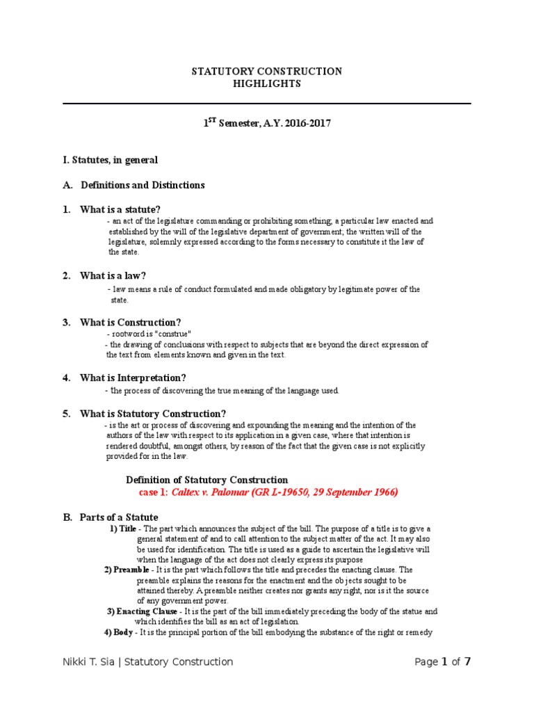 StatCon Outline Prelims | PDF | Statutory Interpretation | Bill (Law)