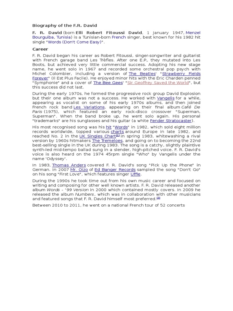 Career: Biography of The F.R. David F. R. David (Born Elli Robert ...