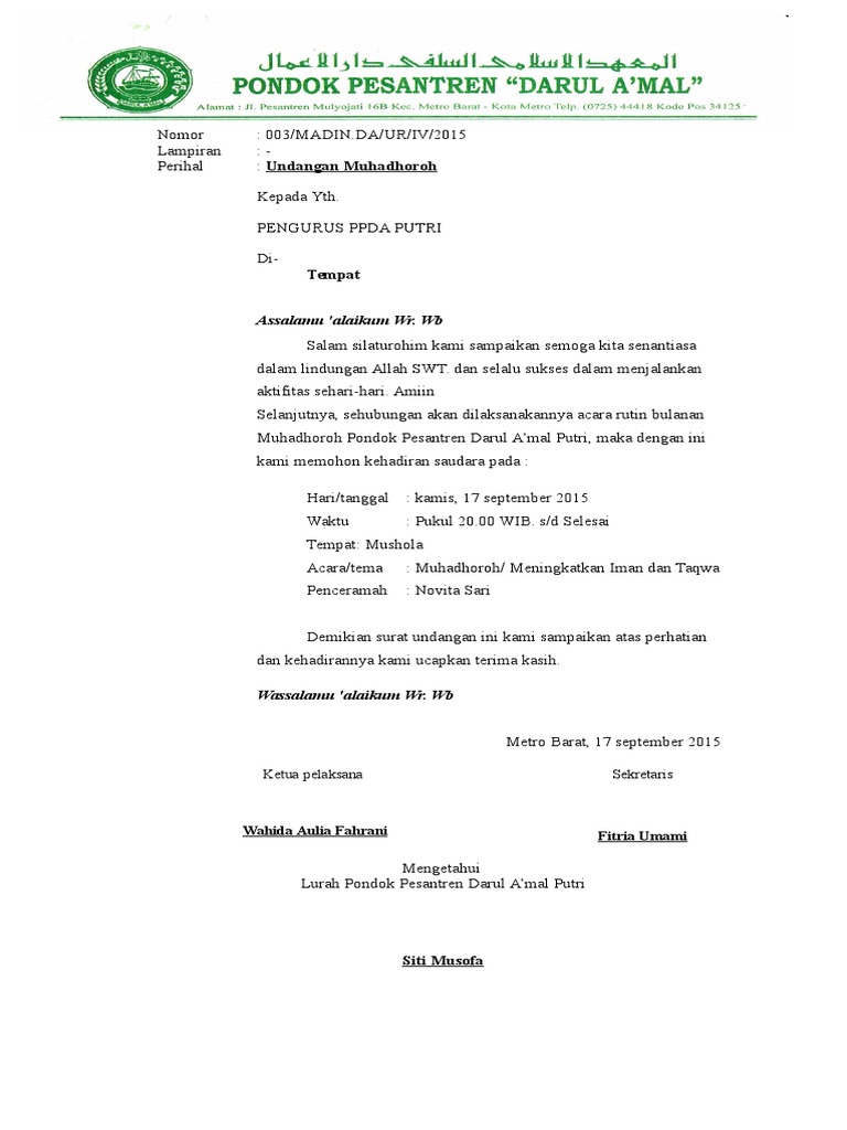 Undangan Muhadhoroh Pondok Pesantren | PDF