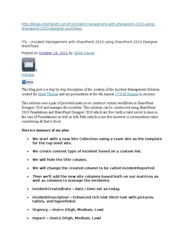 ITIL - Incident Management With SharePoint 2010 Using SharePoint 2010 ...