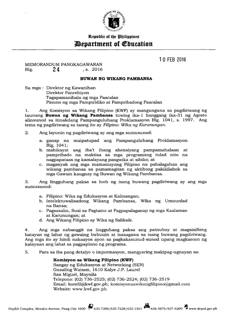 DepEd Memo Buwan NG Wika | PDF