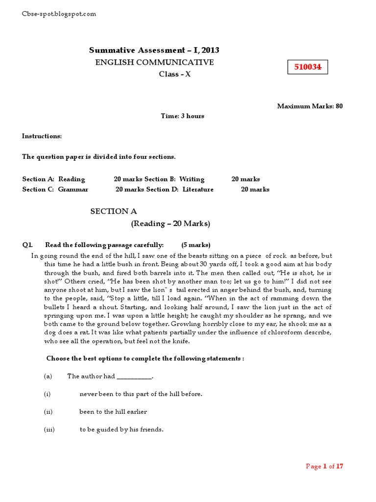 10 Sa1 English Sample Paper5 | PDF