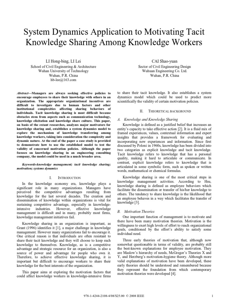 System Dynamics Application To Motivating Tacit Knowledge Sharing Among Knowledge Workers | PDF ...