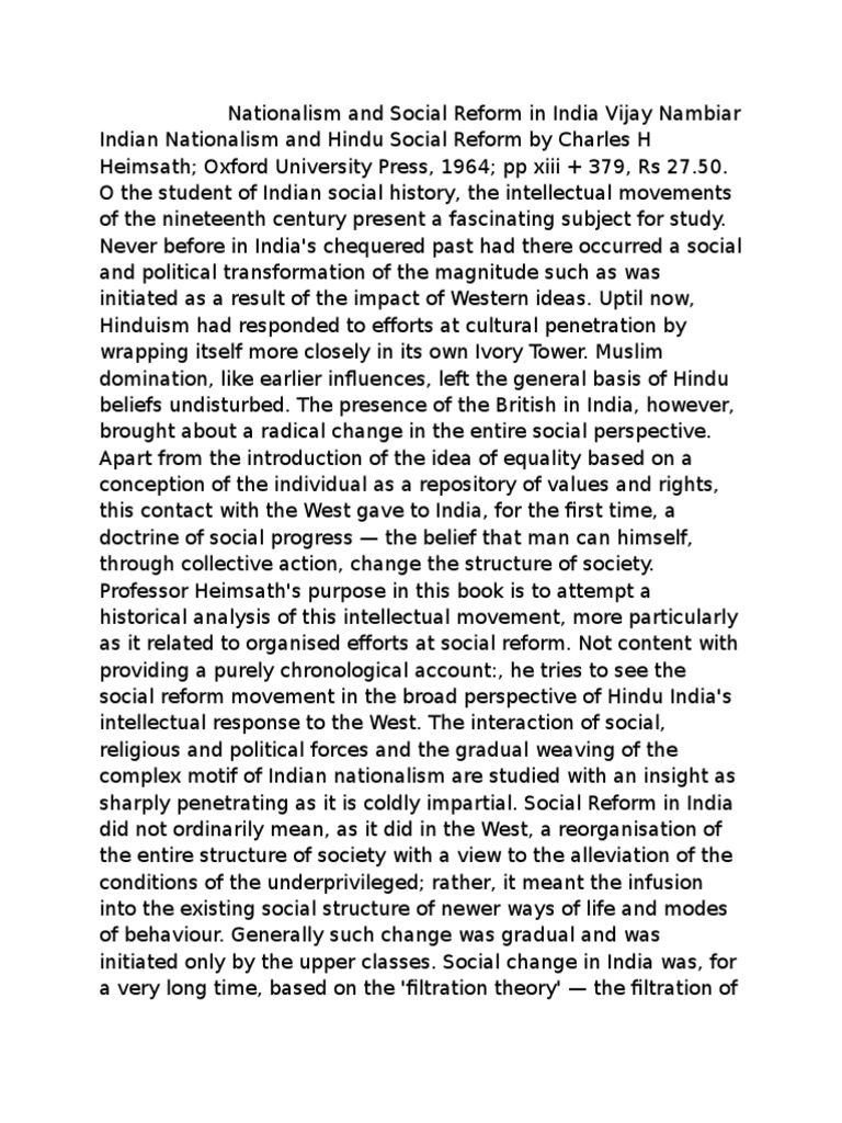 BOOK REVIEW Nationalism and Social Reform in India Vijay Nambiar Indian ...