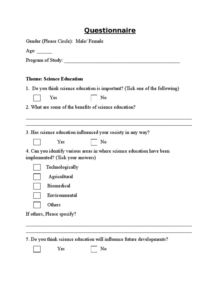 Questionnaire: Theme: Science Education | PDF